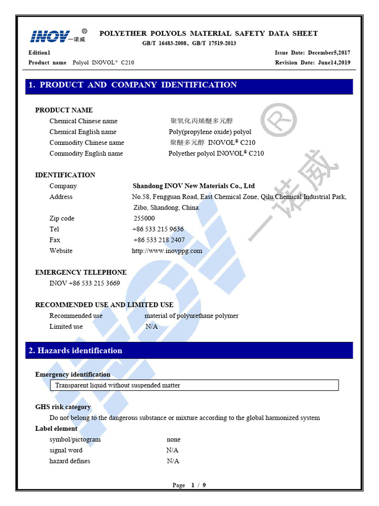 Product and Company Identification: Polyether Polyols Material Safety ...