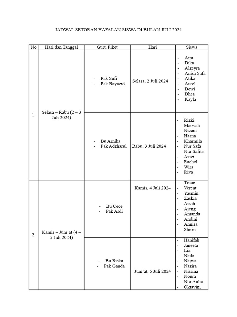 Jadwal Setoran Hafalan Siswa Di Bulan Juli 2024 | PDF