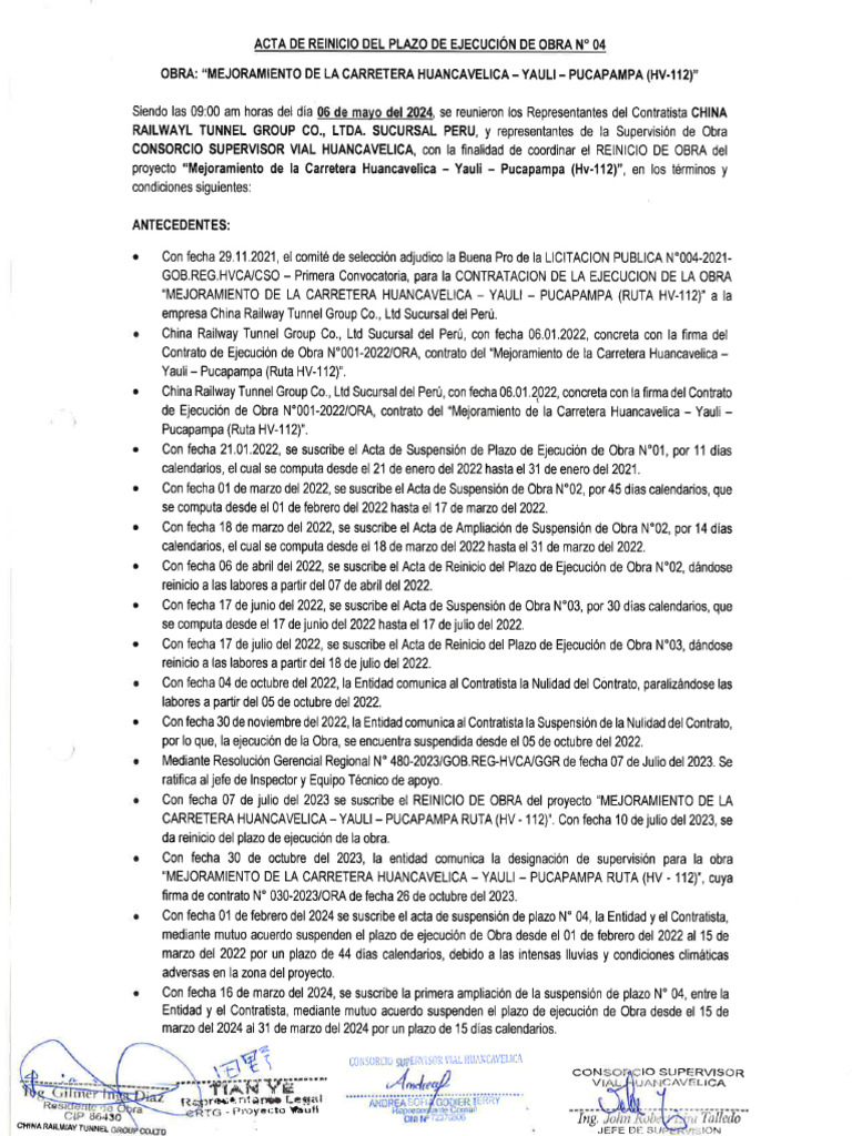 Acta de Reinicio de Obra | PDF