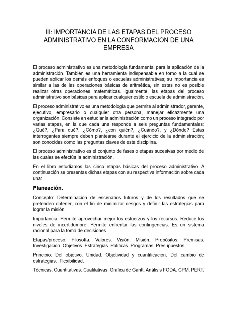 Importancia de Las Etapas Del Proceso Administrativo en La Conformacion de Una Empresa | PDF ...