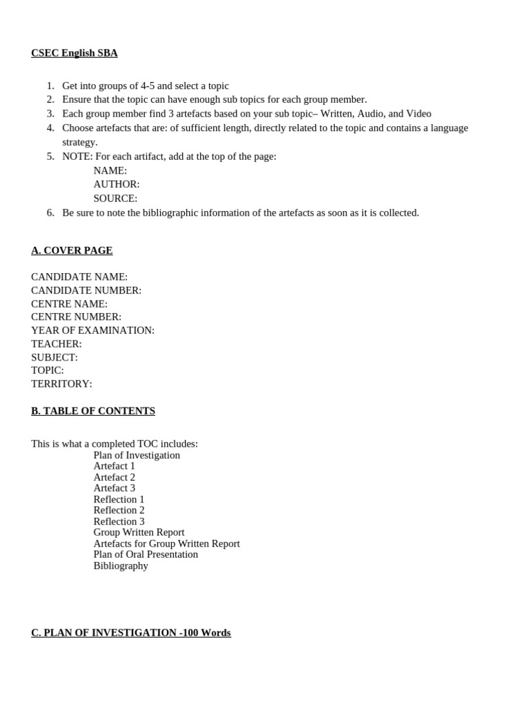 ELA SBA Guidelines For Students | PDF | Bibliography | Vocabulary