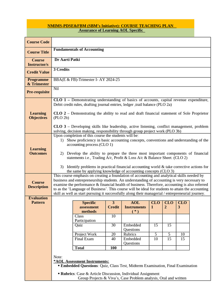 Fundamentals of Accounting Course Plan | PDF | Debits And Credits ...