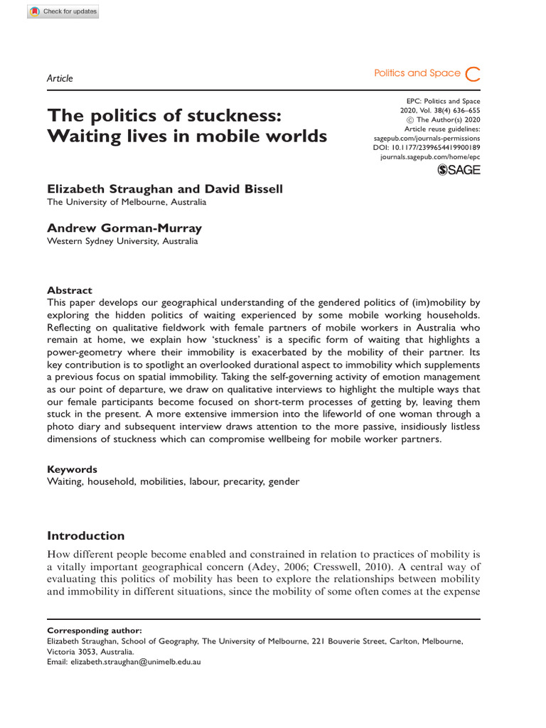 Straughan Et Al 2020 The Politics of Stuckness Waiting Lives in Mobile Worlds | PDF | Emotions ...