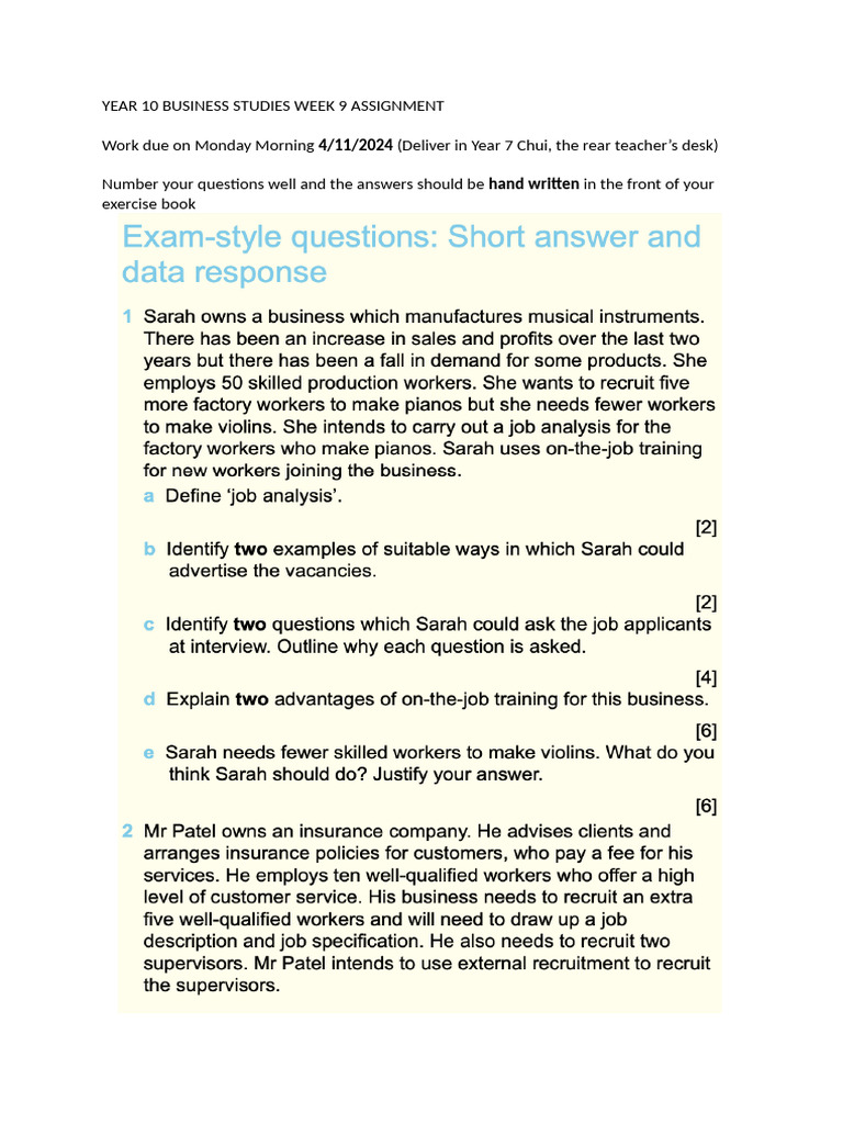 Year 10 Business Studies Week 9 Assignment | PDF