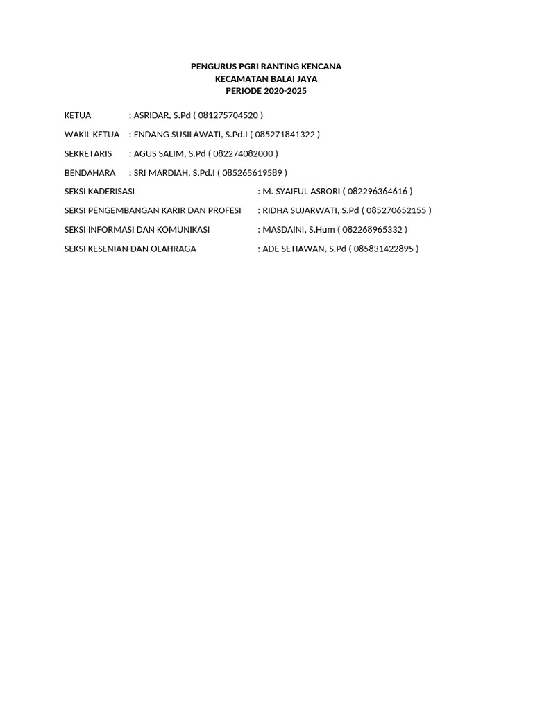 Pengurus Pgri Ranting Kencana | PDF