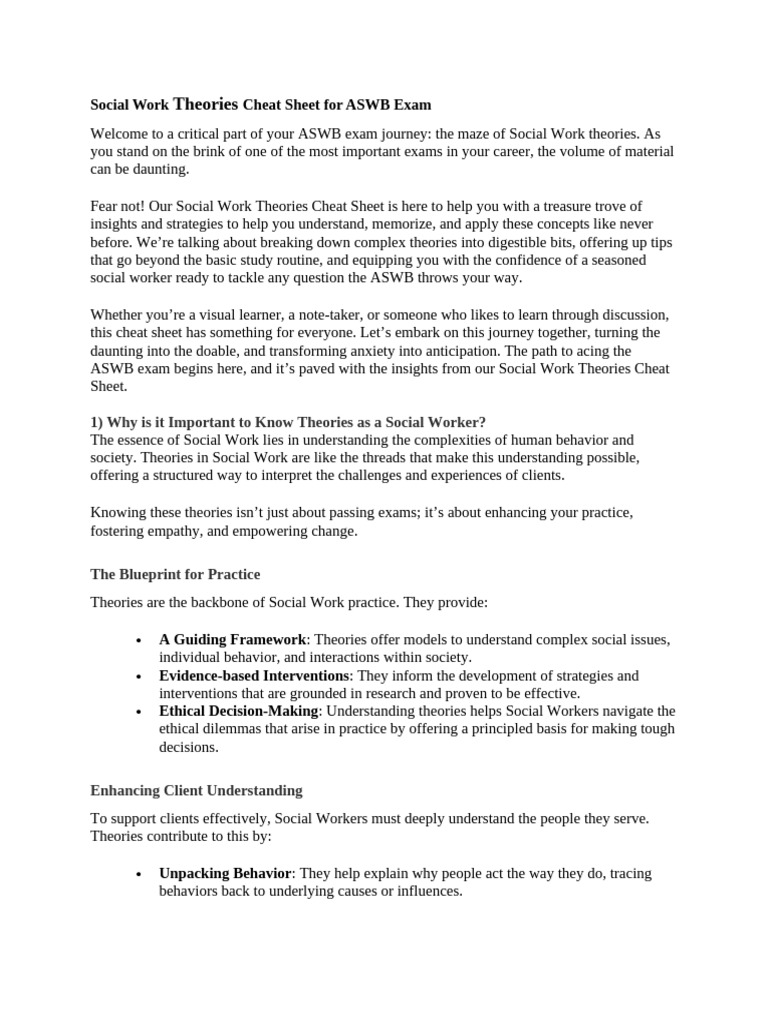 Social Work Theories Cheat Sheet For ASWB Exam | PDF | Social Work | Humanistic Psychology