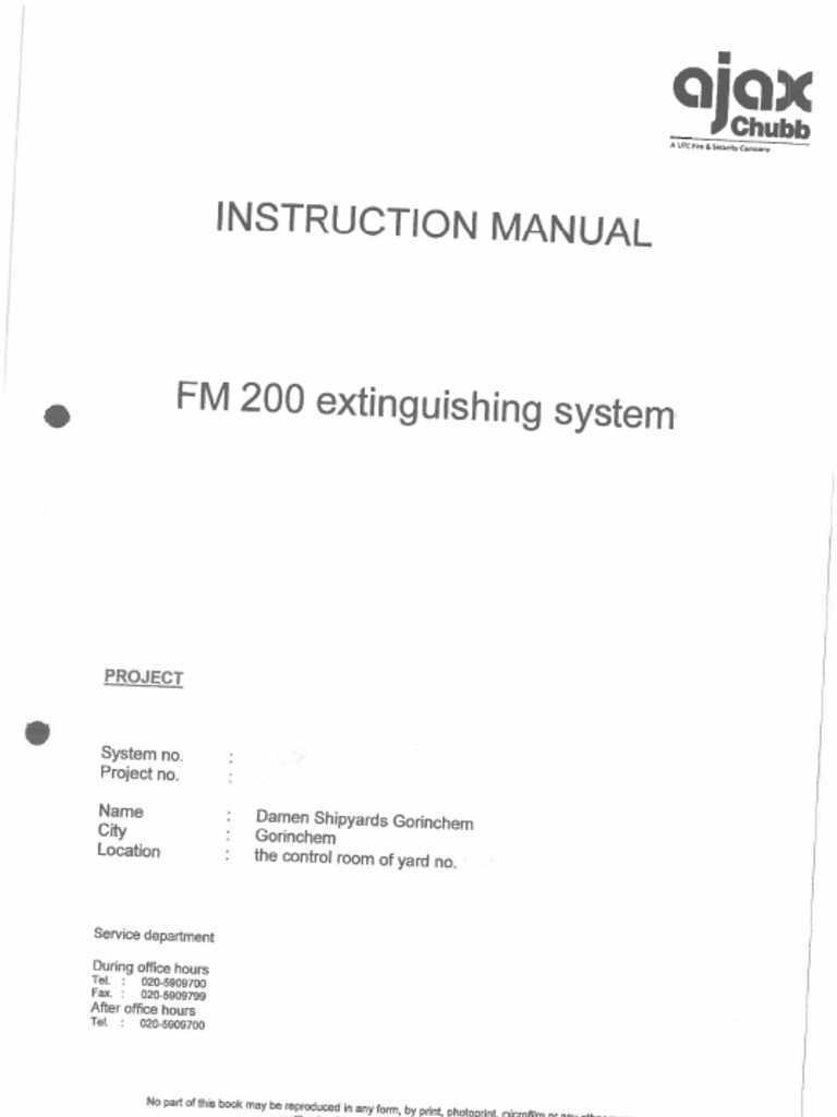 Ajax FM 200 Extinguishing System Control Room Instruction Manual | PDF