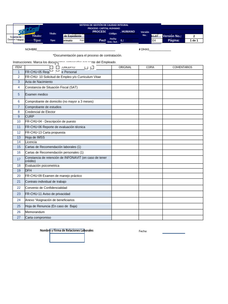 FR-CHU-07 V00 Checklist de Expediente NOV2022 | PDF