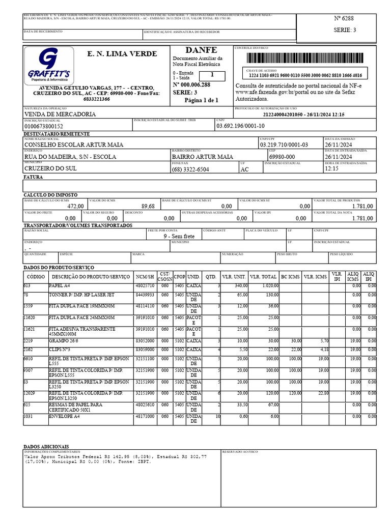 Aerthur Maia Nfe 26112024 2 | PDF | Recibo | Documentos empresariais