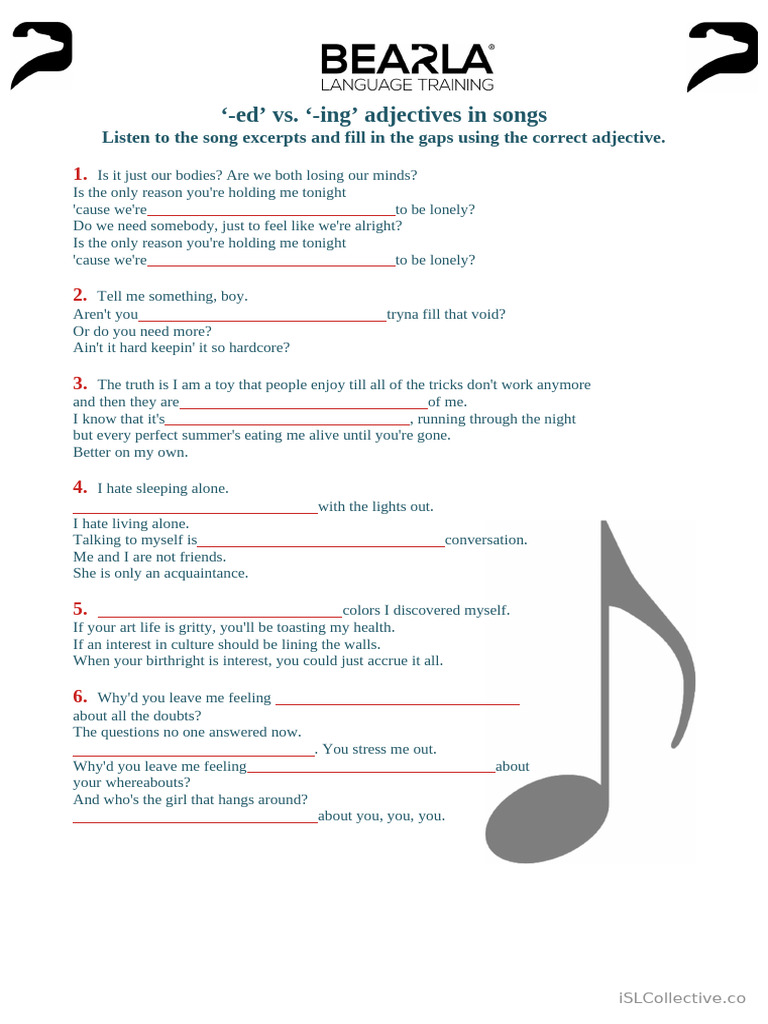 'ED' and - ING - Adjectives in Songs (Worksheet, Video and Answer Key ...