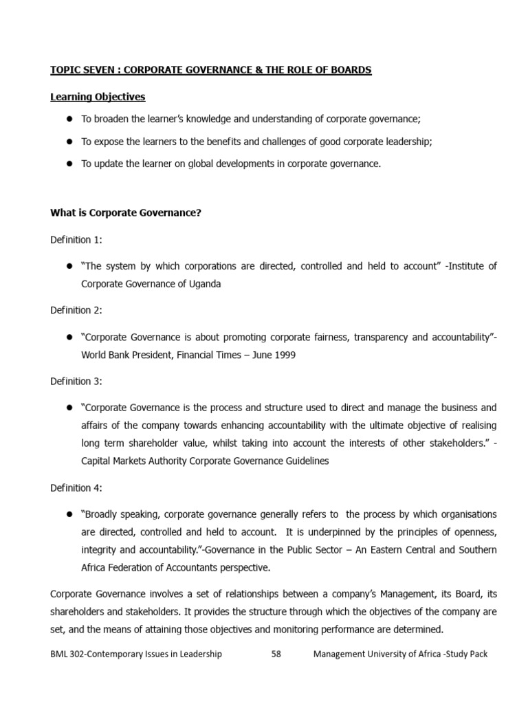 BML 302-BML 401 Topic Seven Corporate Governance The Role of Boards | PDF | Corporate Governance ...