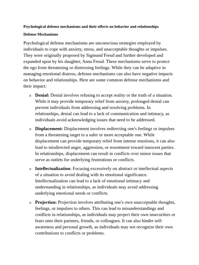 Psychological Defense Mechanisms and Their Effects On Behavior and ...