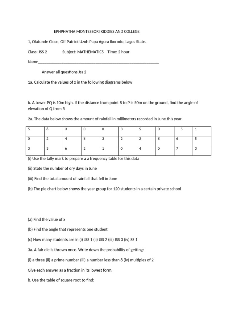 Jss 2 Mathematics | PDF