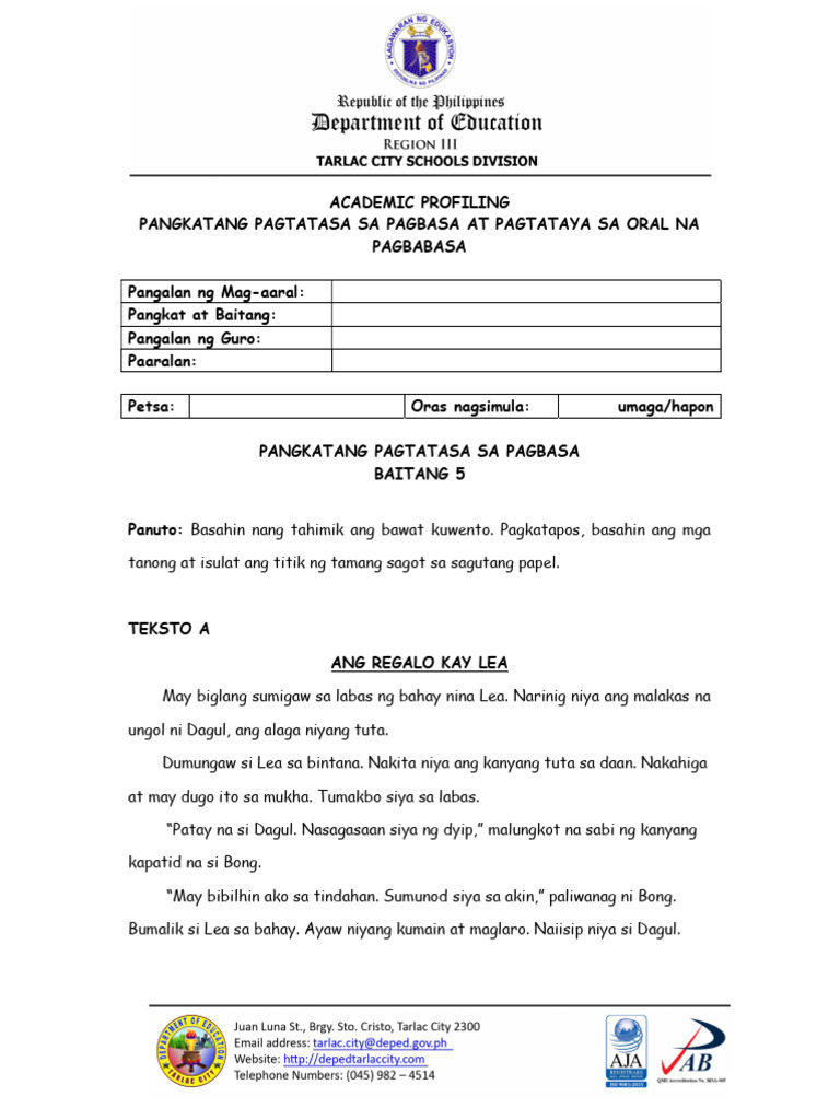 Grade 5 Pre Test Pangkatan at Indibidwal 2023 | PDF