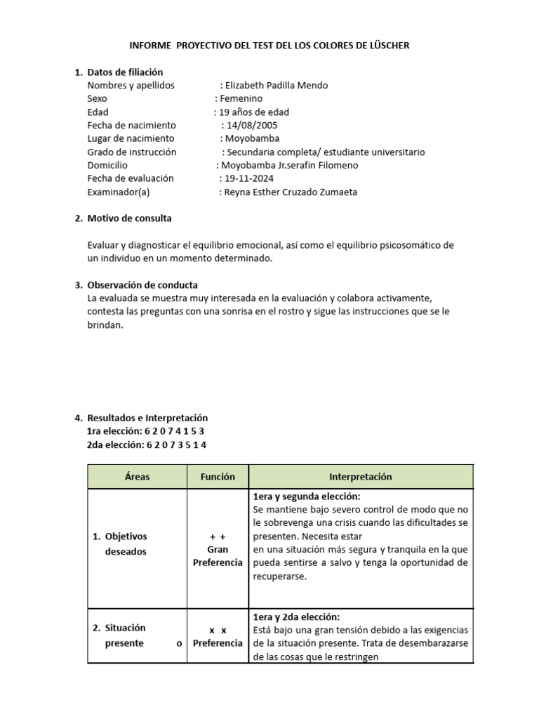 Modelo de Informe Del Test de Luscher | PDF | Ansiedad | Ciencias del ...