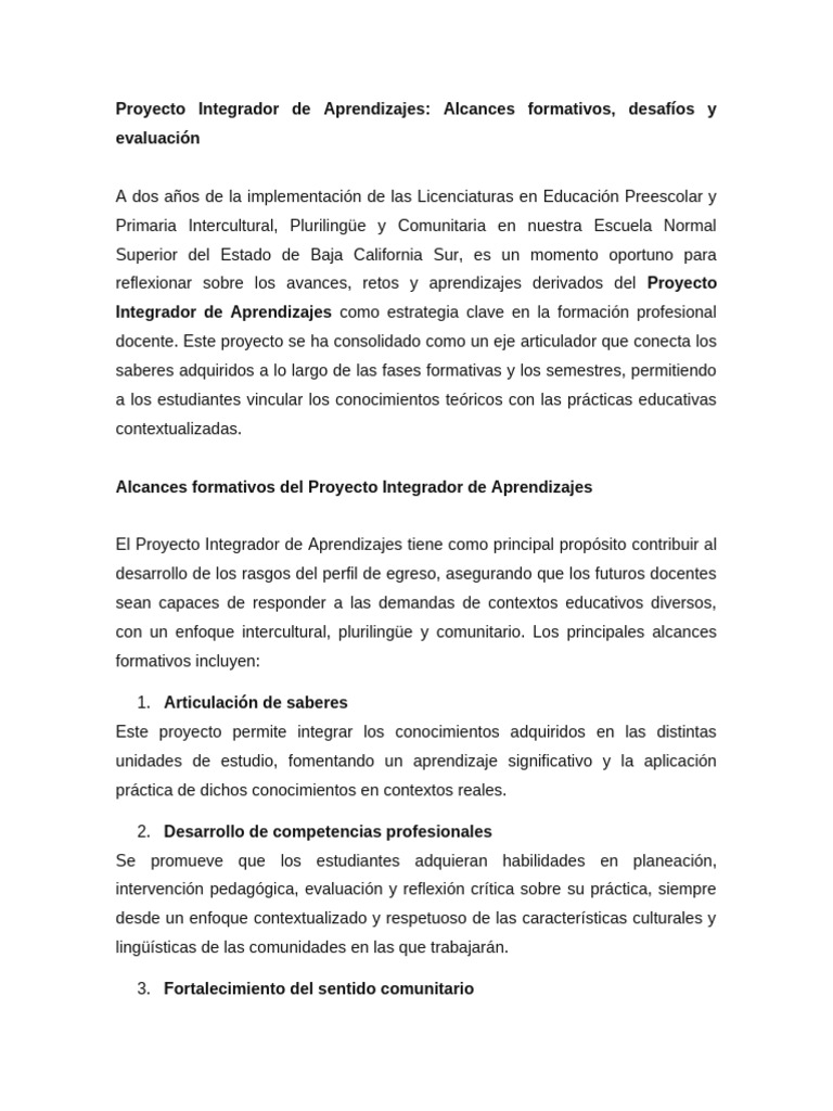 Proyecto Integrador de Aprendizajes | PDF | Evaluación | Enseñando