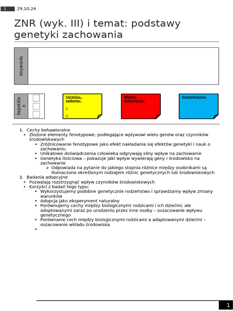 ZNR (Wyk. III) I Temat: Podstawy Genetyki Zachowania: Ważne Informacje ...