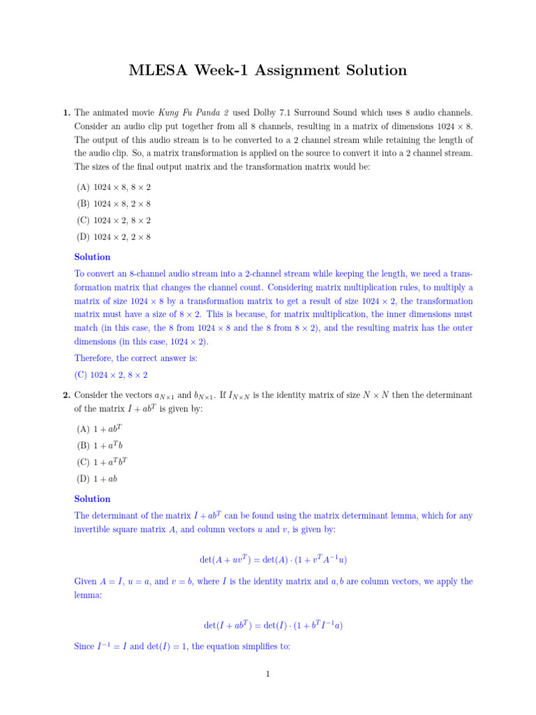 MLESA v2024 Week01 Assignment Solution | PDF | Matrix (Mathematics ...