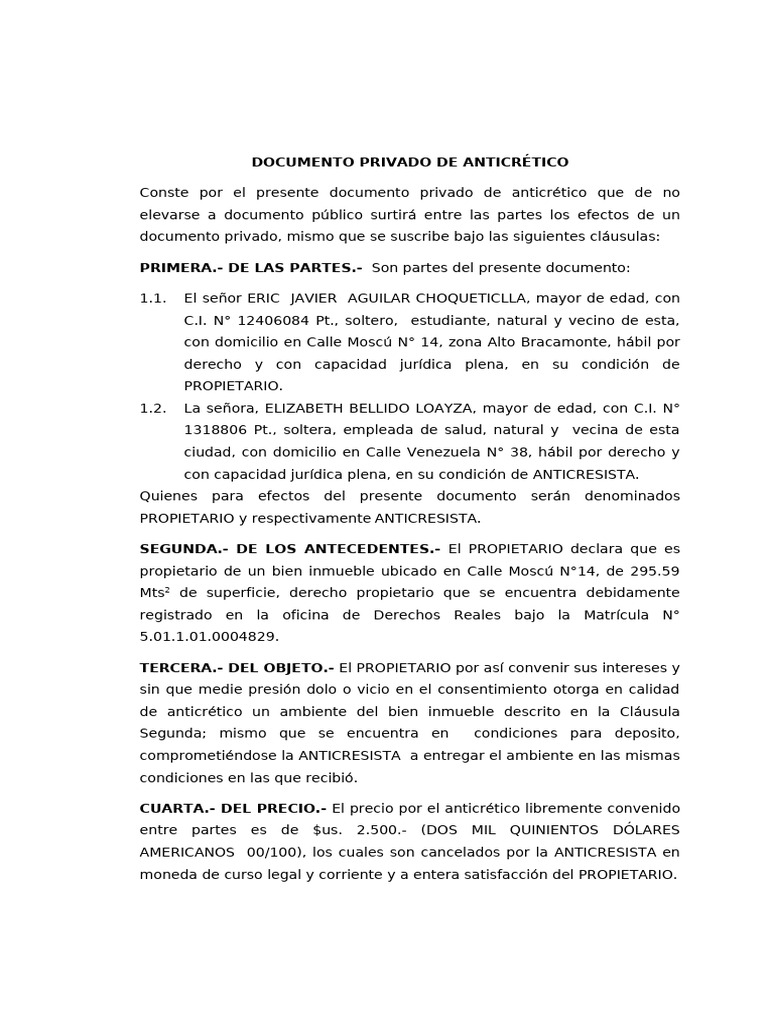 Documento Privado de Anticrético Eli | PDF