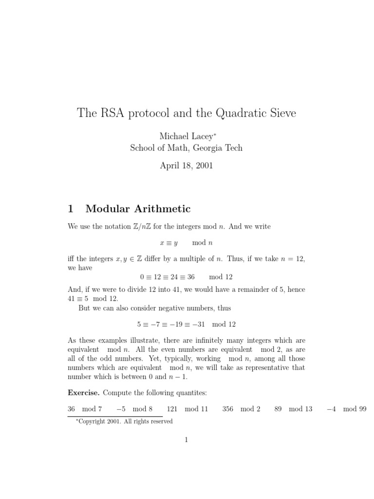 The Rsa Protocol And The Quadratic Sieve 1 Modular Arithmetic Pdf Polynomial Numbers