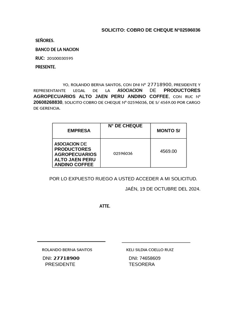 Solicitud Cobro de Cheque | PDF