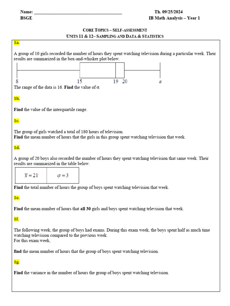 SelfAssessment-CT Units 11&12 | PDF | Mean | Standard Deviation