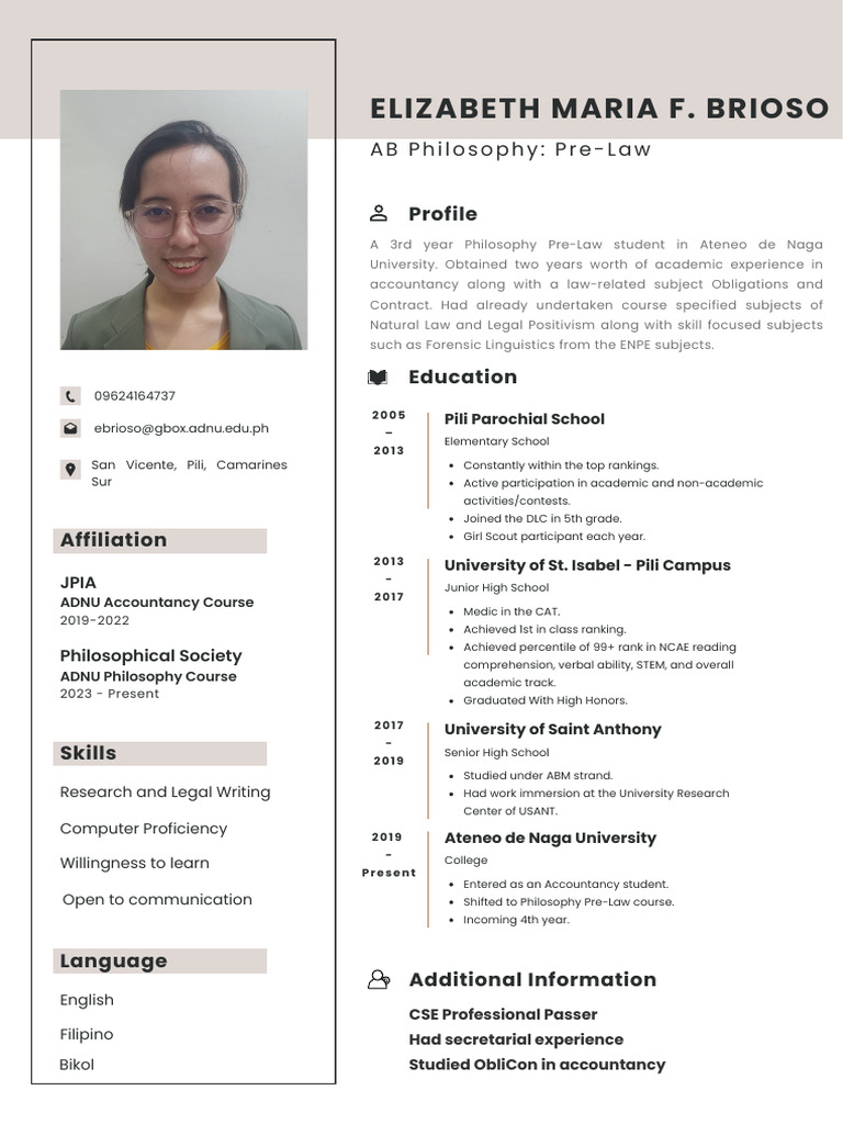 Elizabeth Maria F. Brioso CV | PDF | Linguistics | Human Communication