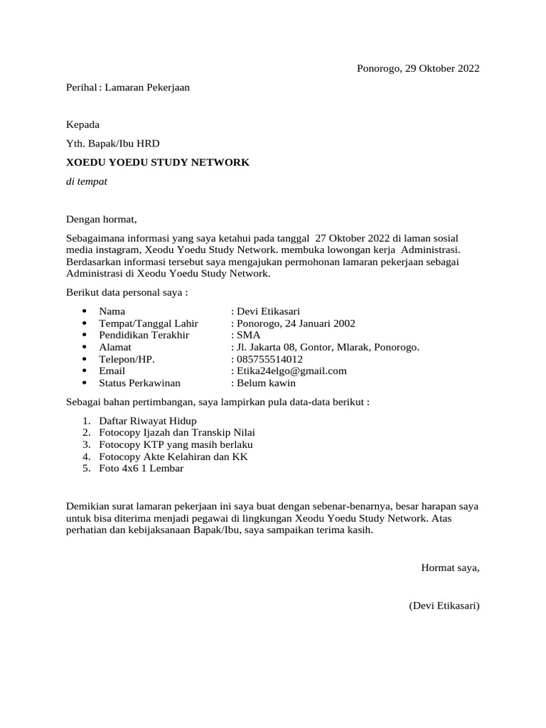 Surat Lamaran Xoedu Yoedu Study Network | PDF