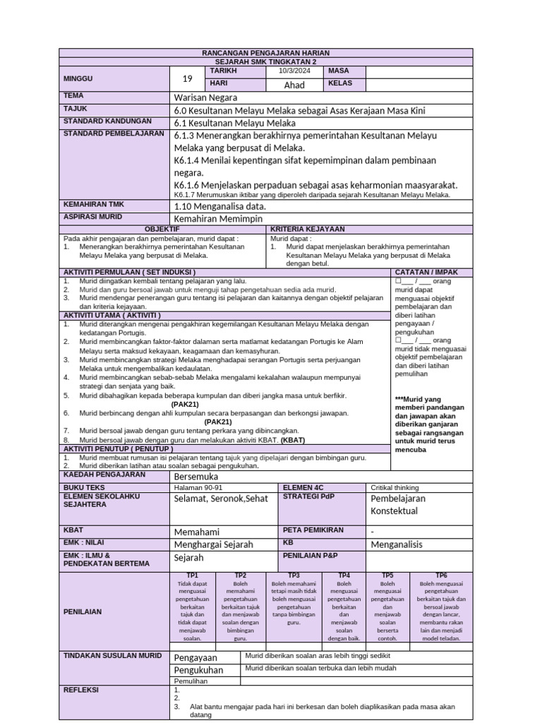 RPH SMK Minggu 19 Sejarah Tingkatan 2 2024 2025 by Cikgu Gorgeous | PDF