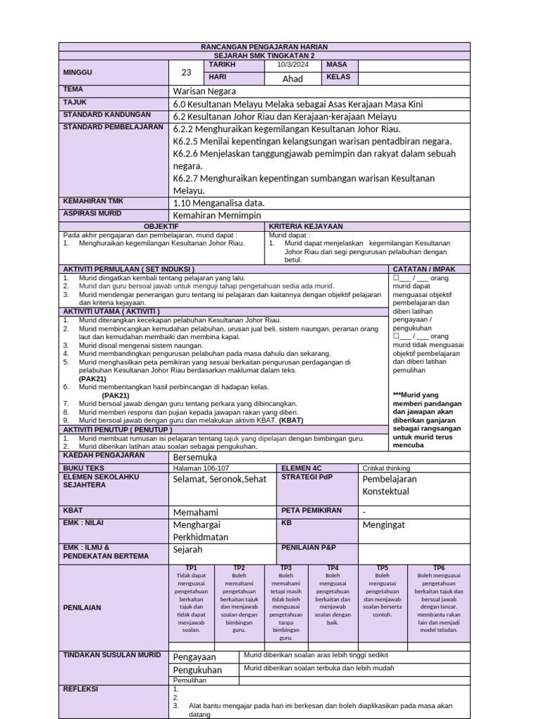 RPH SMK Minggu 23 Sejarah Tingkatan 2 2024 2025 by Cikgu Gorgeous | PDF