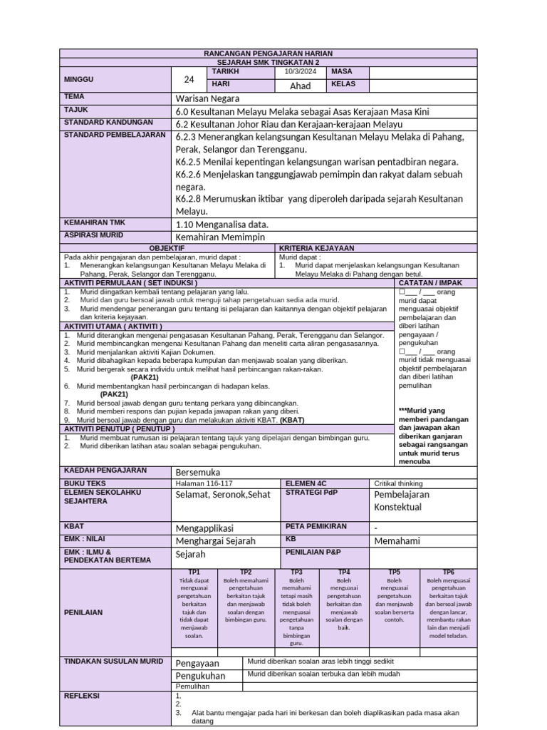 RPH SMK Minggu 24 Sejarah Tingkatan 2 2024 2025 by Cikgu Gorgeous | PDF