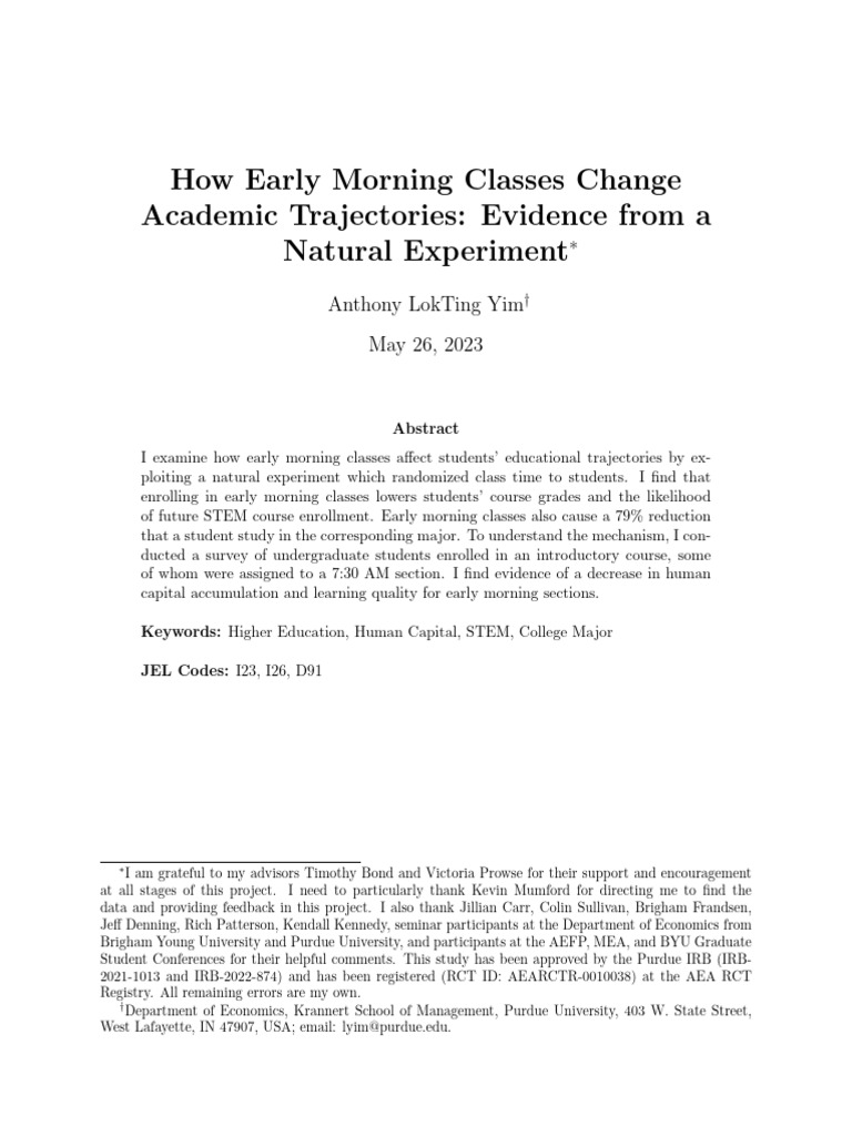 How Early Morning Classes Change Academic Trajectories: Evidence From A ...
