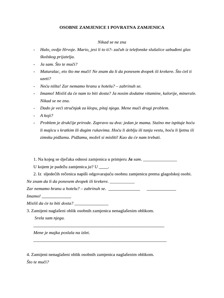 Osobne Zamjenice I Povratna Zamjenica | PDF