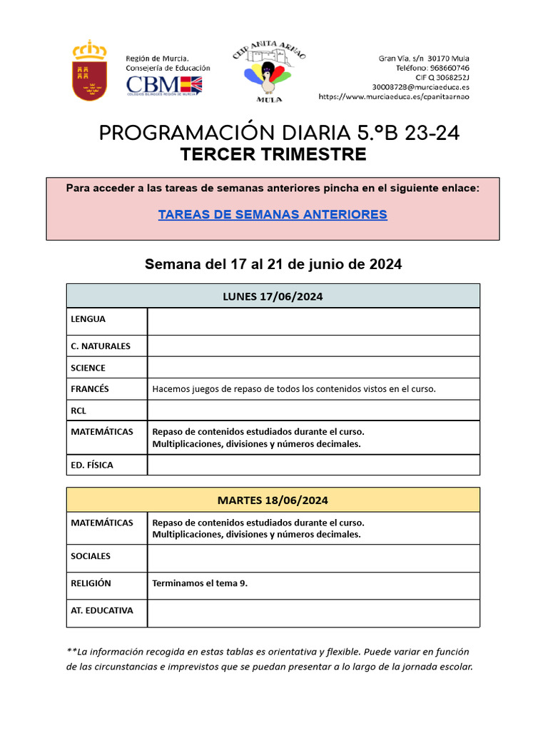 Programación Diaria 5.º B 23-24 | PDF
