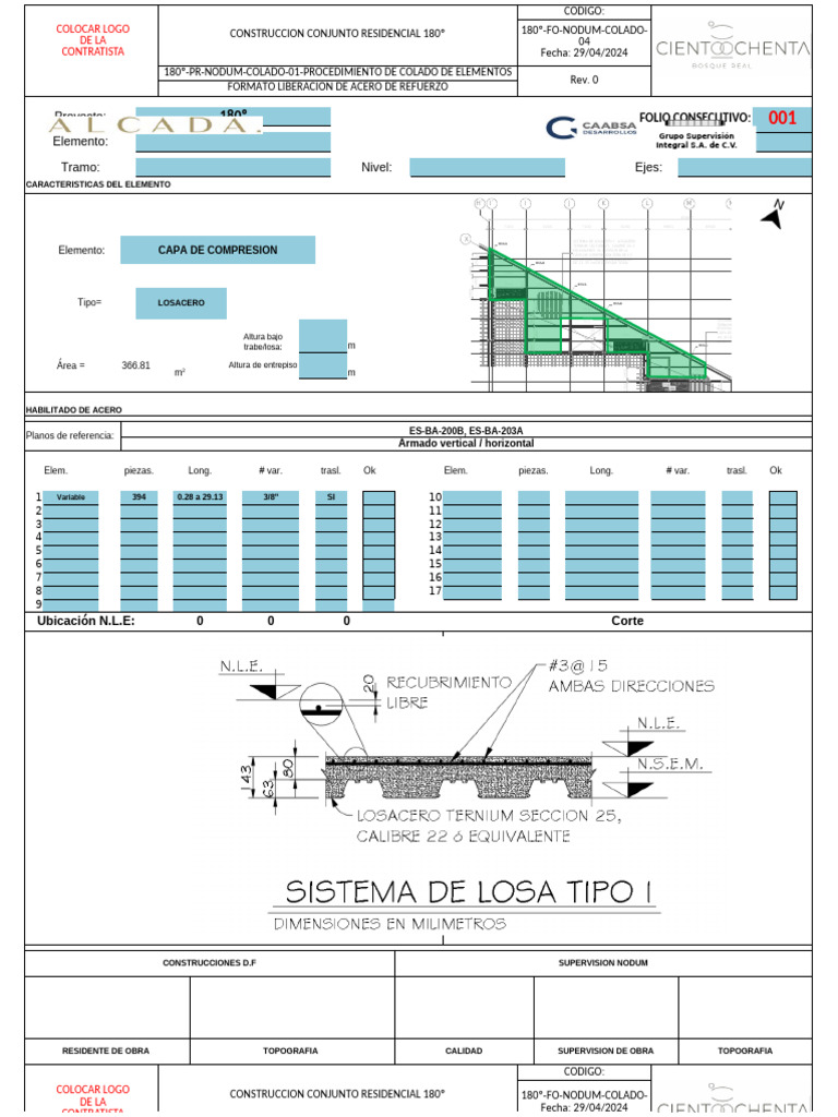 180°-Fo-Nodum-Colado-06 Formatos de Liberacion Losa Acero Colado | PDF