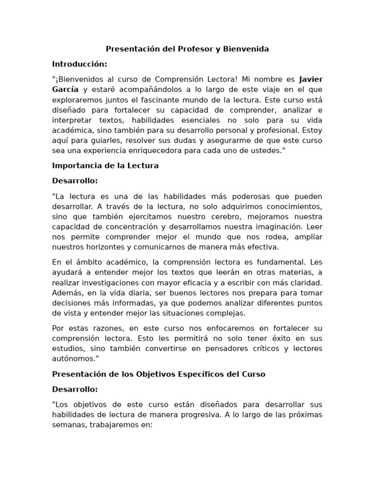 Curso de Comprensión Lectora: Bienvenida | PDF | Comprensión lectora