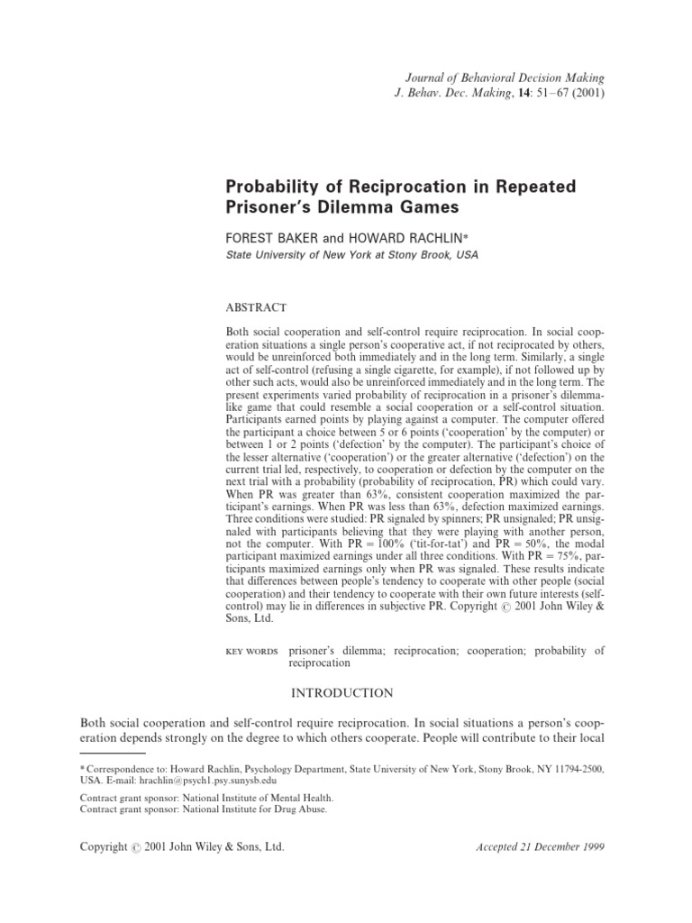 Baker, F., & Rachlin, H. (2001) - Probability of Reciprocation in ...