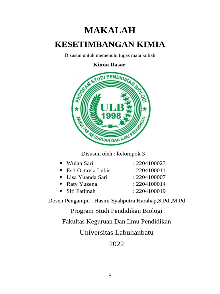 Makalah Kimdas Kel.3 Kesetimbangan | PDF