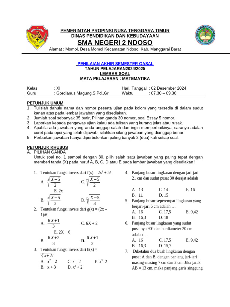 Soal Asesmen Sumatif Akhir Semester Ganjil Matematika Kelas 11 | PDF