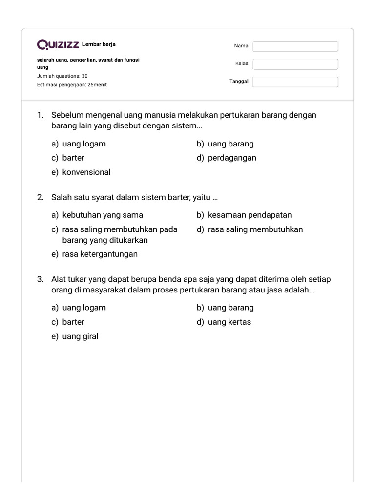 Sejarah Uang, Pengertian, Syarat Dan Fungsi Uang - Quizizz | PDF