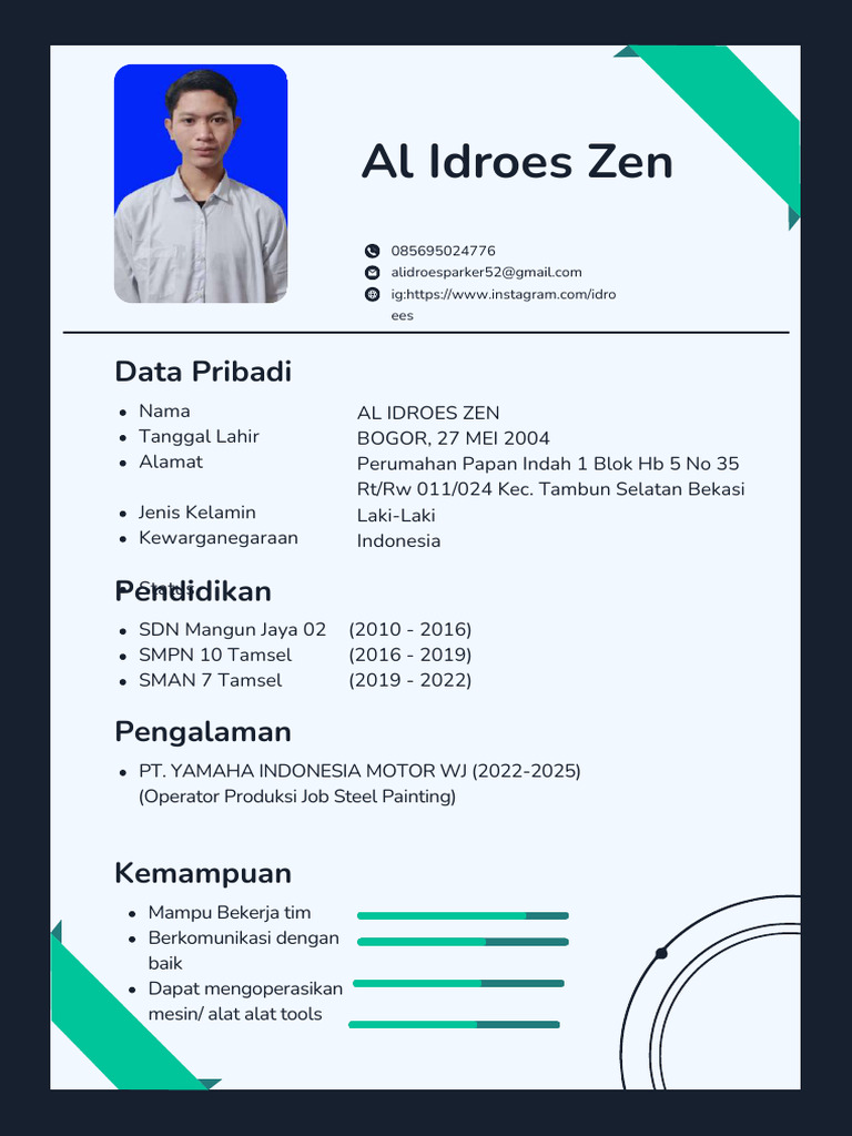 CV Resume Riwayat Hidup Al Idroes Zen | PDF