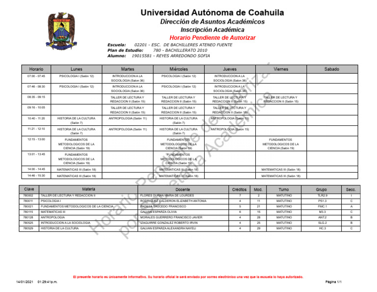 19015581.reyes Arredondo Sofia..horario - Sin.autorizar.14012021132941 | PDF