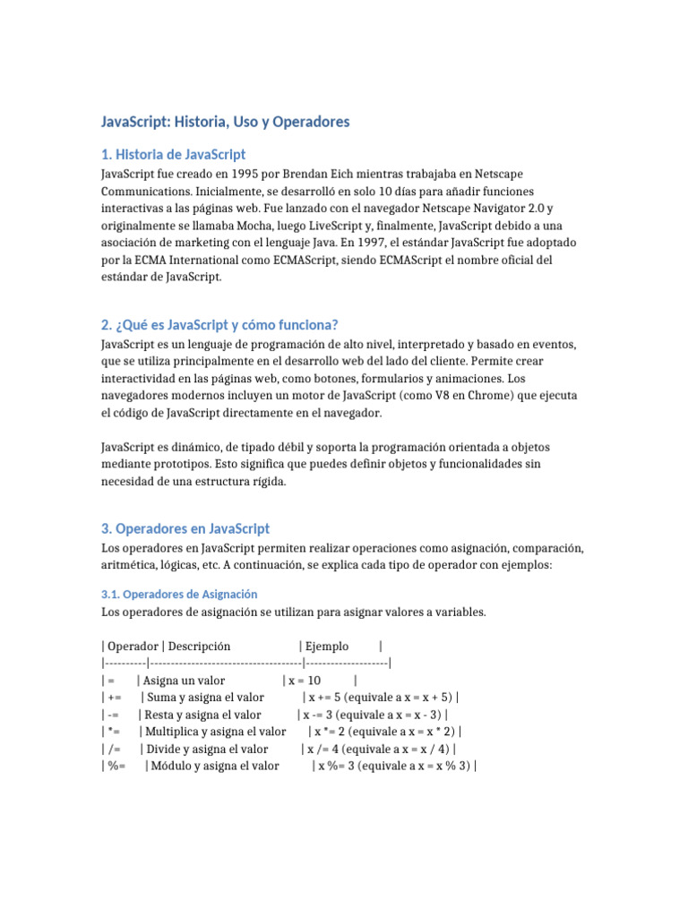 JavaScript Historia Uso Operadores | PDF | Script Java | Software JavaScript Historia Uso Operadores | PDF | Script Java | Software