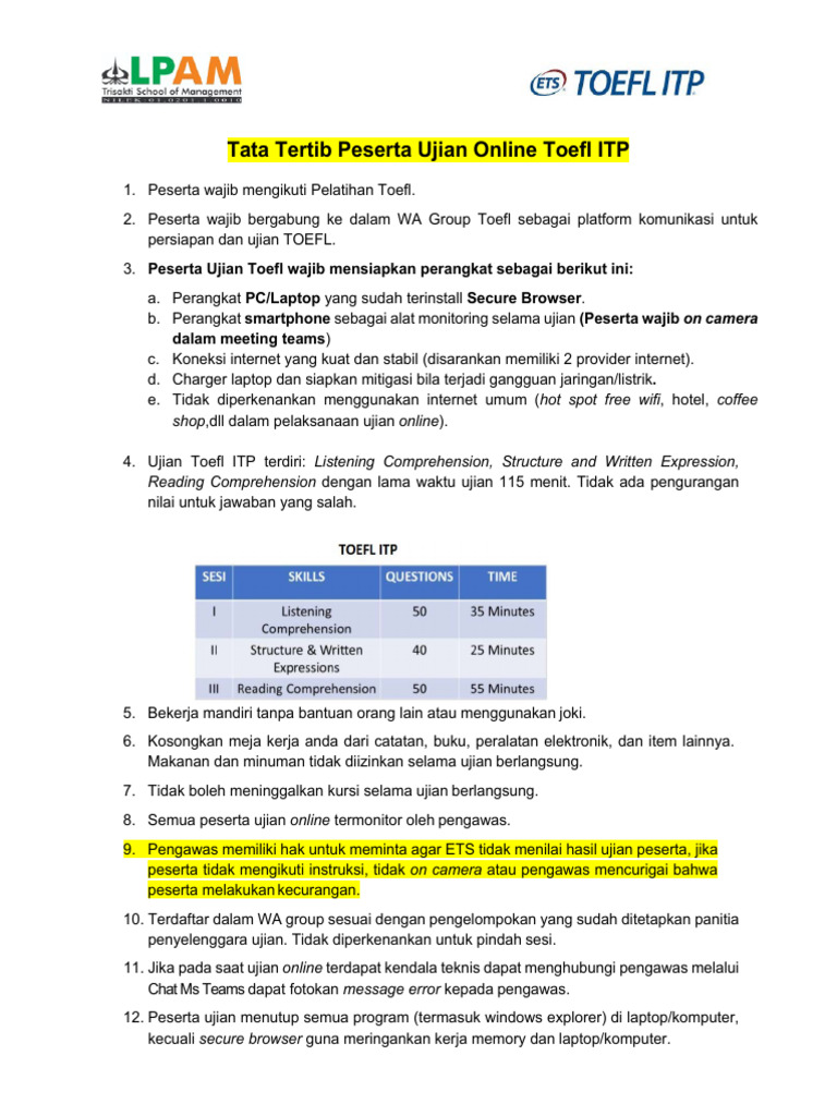 Tata Tertib Ujian Online TOEFL ITP - NEW | PDF