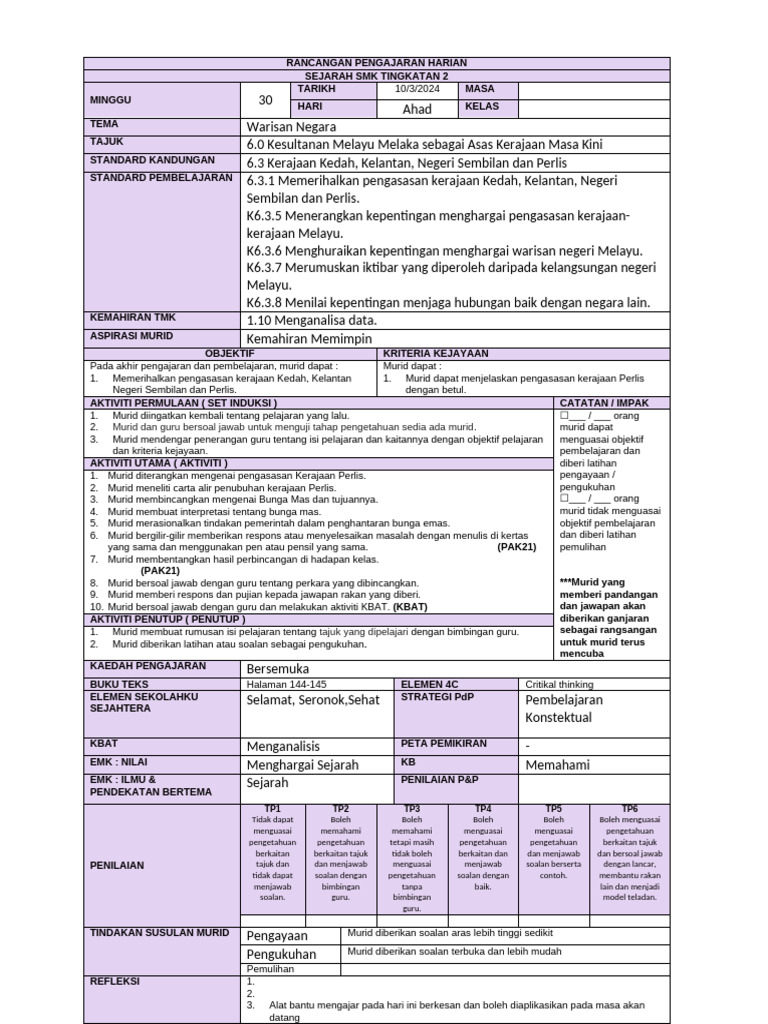 RPH SMK Minggu 30 Sejarah Tingkatan 2 2024 2025 by Cikgu Gorgeous | PDF