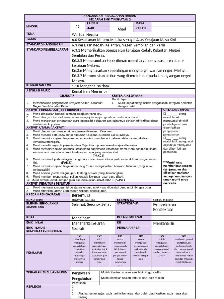 RPH SMK Minggu 29 Sejarah Tingkatan 2 2024 2025 by Cikgu Gorgeous | PDF