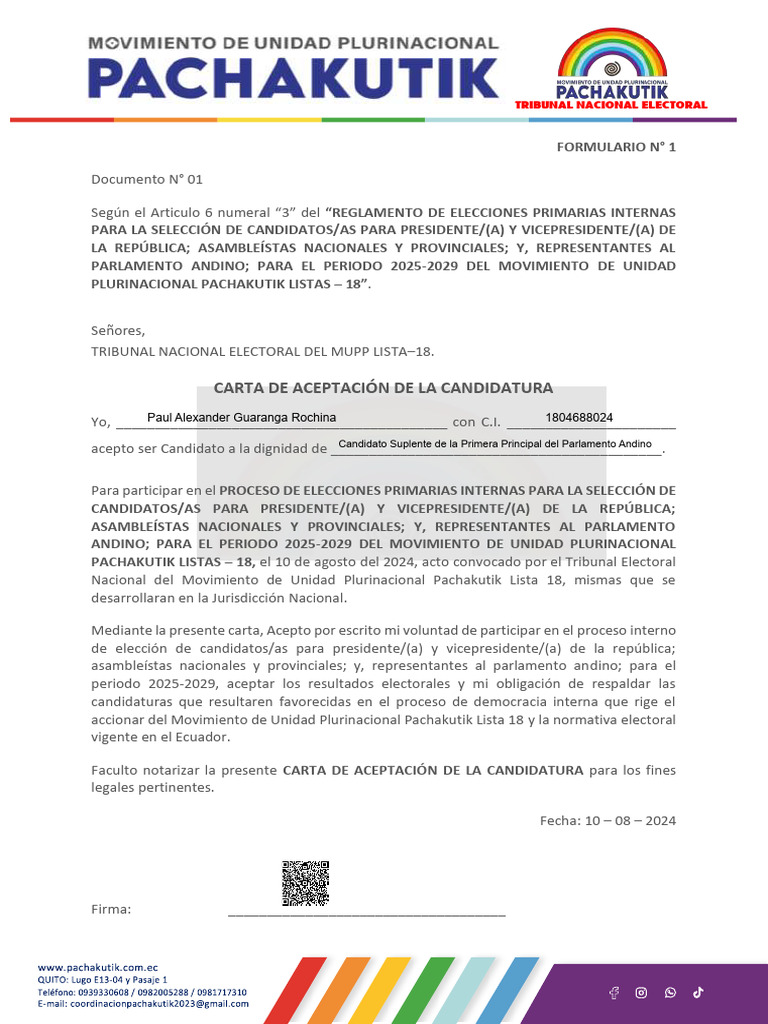 Formulario 1 Aceptacion Candidatura 2024 (1) - Signed | PDF | Gobierno | Elecciones