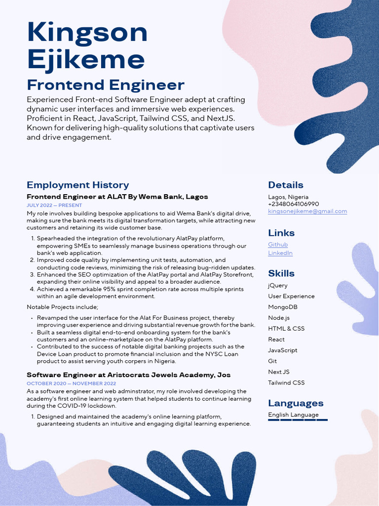Frontend Engineer Kingson Ejikeme Profile | PDF | Systems Engineering | Systems Architecture
