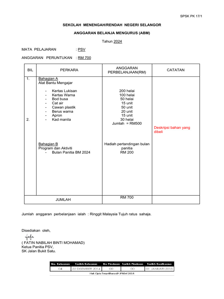 Anggaran Perbelanjaan PCG PSV 2024 | PDF