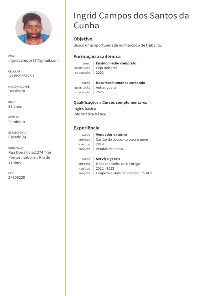 Ingrid Campos Dos Santos Da Cunha - Currículo | PDF